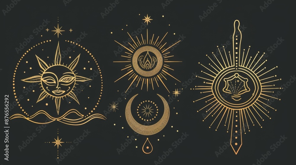 Gold-themed mystical illustration featuring celestial symbols, sun, and ...
