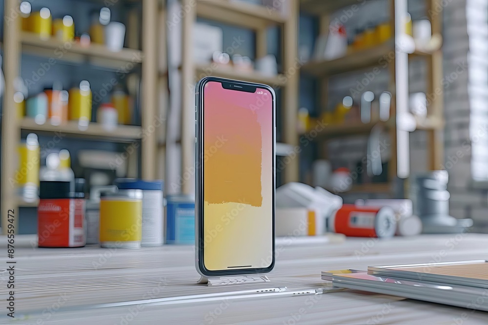 Focus A smartphone screen displaying a home renovation app with a sleek ...