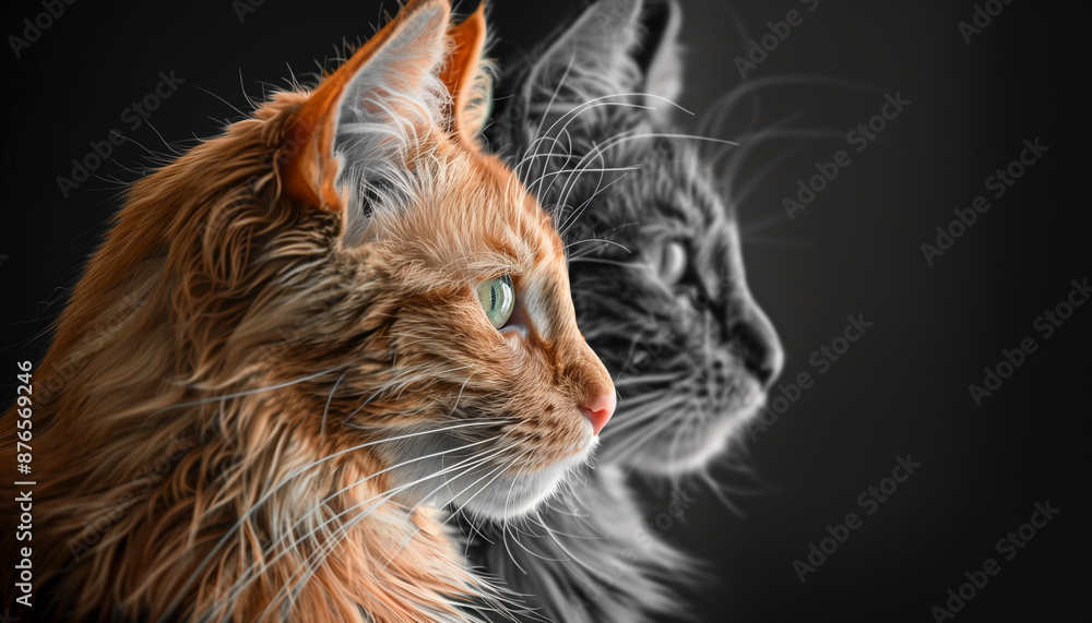 Portrait of two cats side by side, one in color and one in black and ...