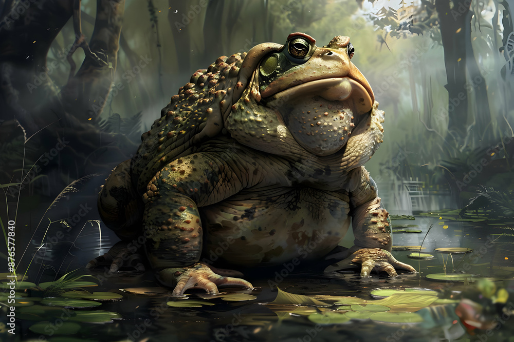Close-up of a large toad in a serene swamp. The detailed texture and ...