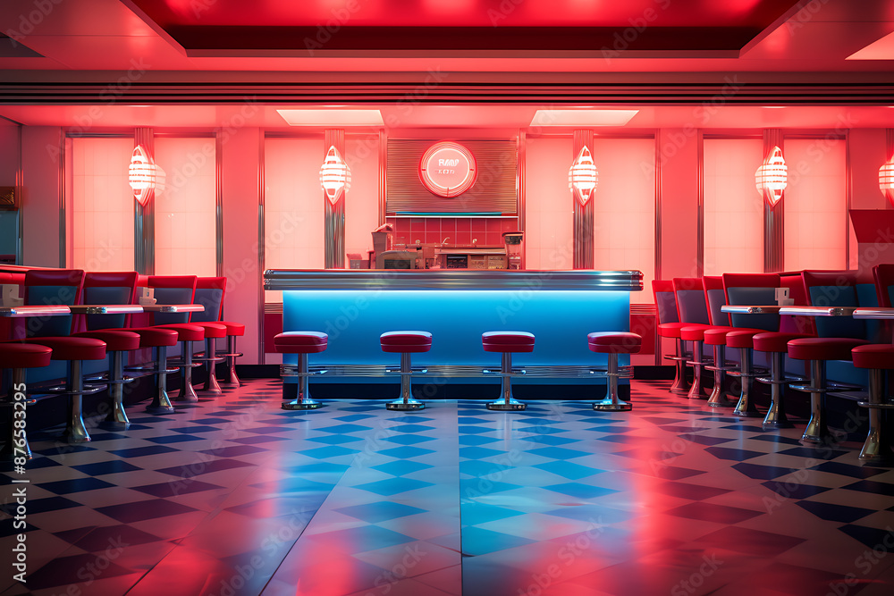 Retro diner interior, red and blue neon lights, chrome and red booths ...