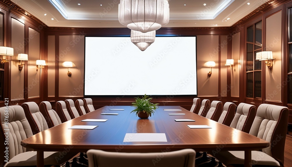 A white screen mockup in a classic conference room with dark wood ...