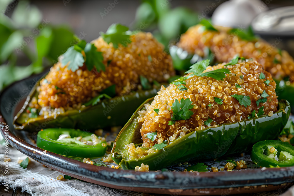 Vegetarian chiles rellenos with quinoa filling, cross-section view ...