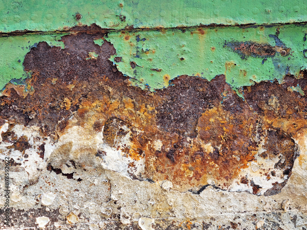 Corroded steel hull plating on a ship. Green paint over very rusted ...