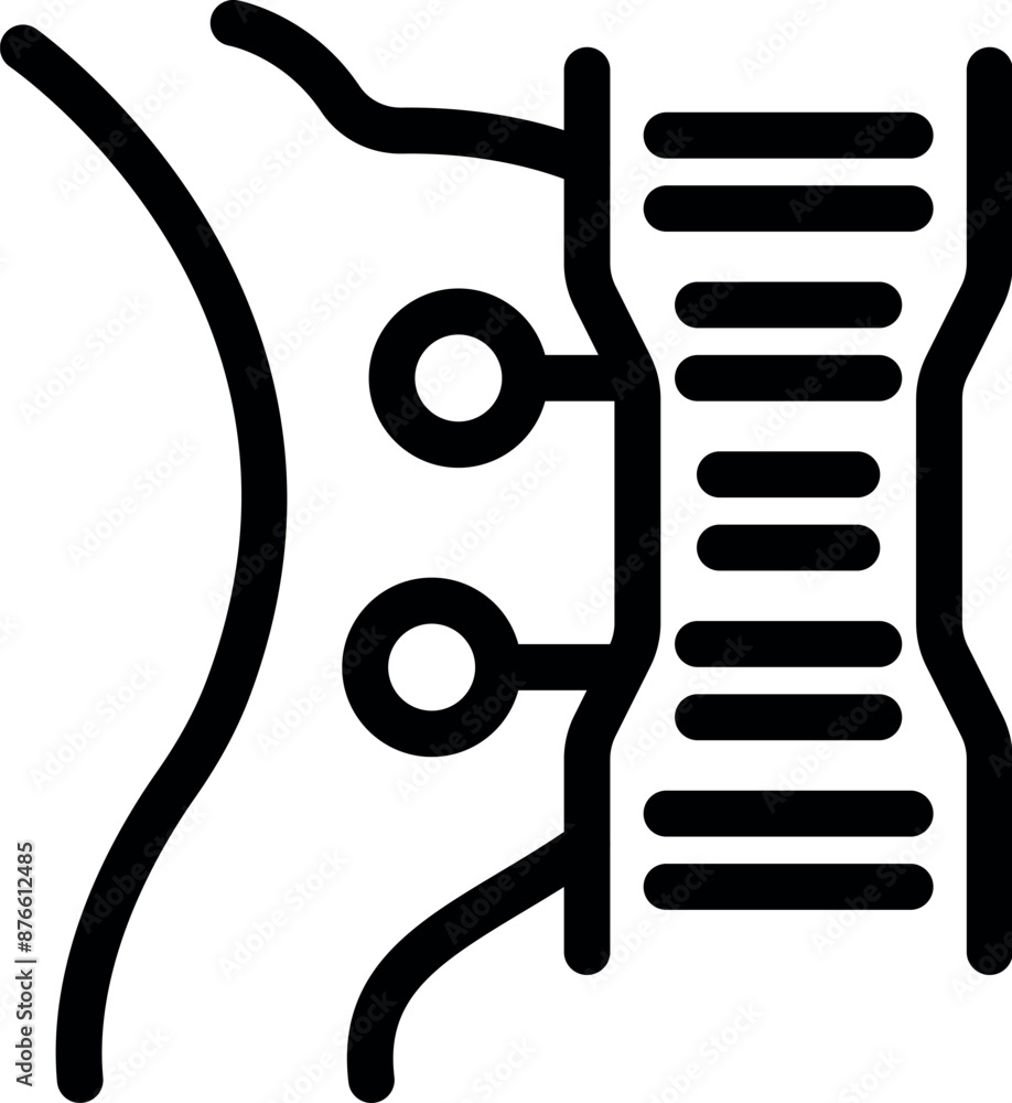 Black and white icon of a spinal cord with nerve signals going through ...