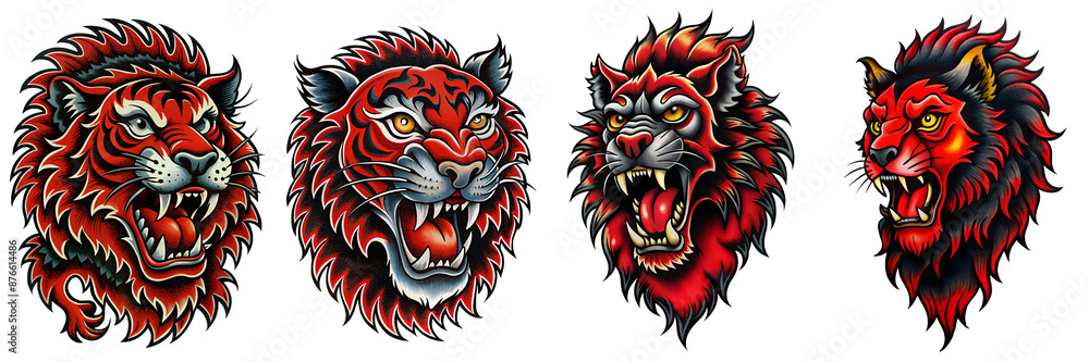 Old school red and black tattoo Lion flash isolated on transparent ...