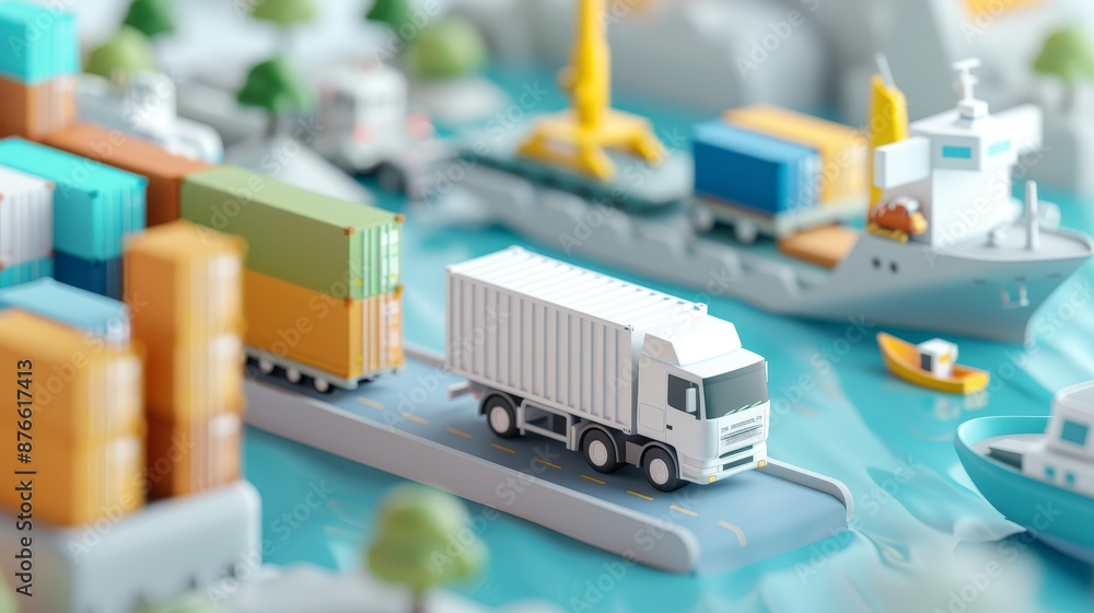 Logistics hub with various modes of transport, including trucks, ships ...