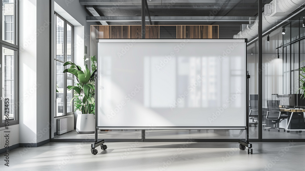 Large empty white wide whiteboard on wheels in a bright modern office ...