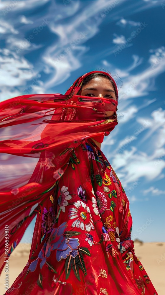 Vibrant Portrait of a Wayuu Indigenous Woman in Traditional Red Attire ...