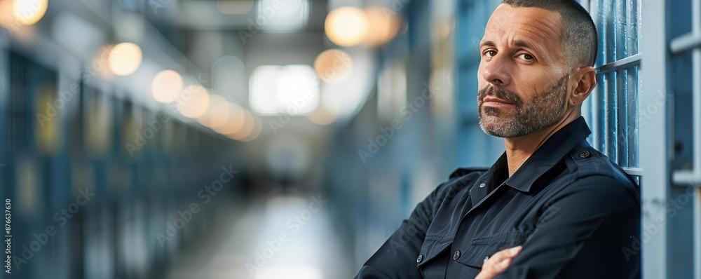 Confident male prison guard standing in a correctional facility ...
