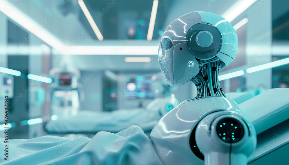 Robot patient in futuristic hospital bed advanced medical technology ...