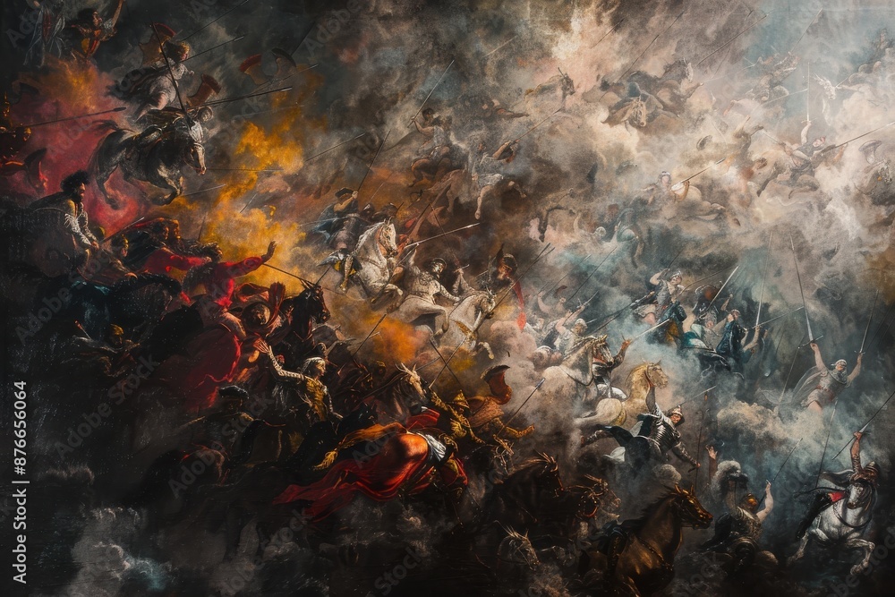 Dramatic depiction of an ancient battle scene with intense movement ...