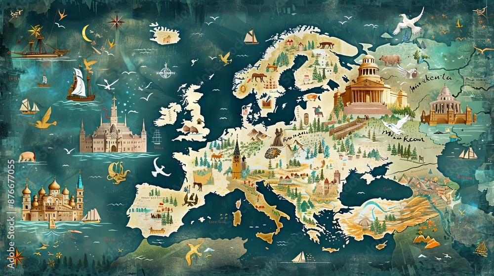Illustrated Map of Europe with Imaginary Creatures and Landmarks Stock ...