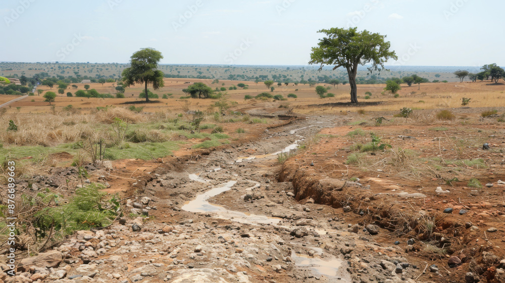 Dry riverbed winding through an arid landscape with sparse vegetation ...