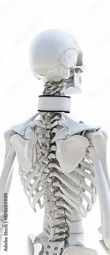 3D illustration of a human skeleton with a neck brace, highlighting ...