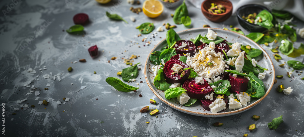 Aesthetic arrangement of roasted beets, goat cheese, pistachios, baby ...