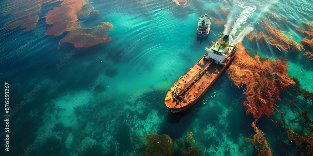 Oil skimming vessel cleaning up spill near tanker. Concept Oil Spill ...