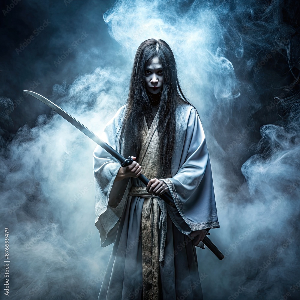 Fearsome Japanese Yurei Ghost Wielding Cursed Katana in Eerie Haze ...