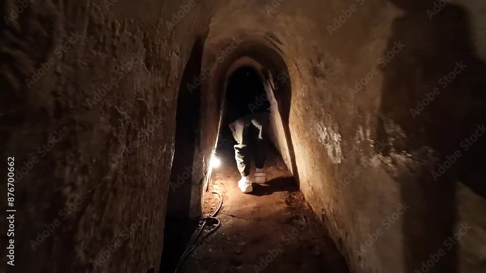 People enter Cu Chi tunnel by step down stairs at tunnels door, tourist ...