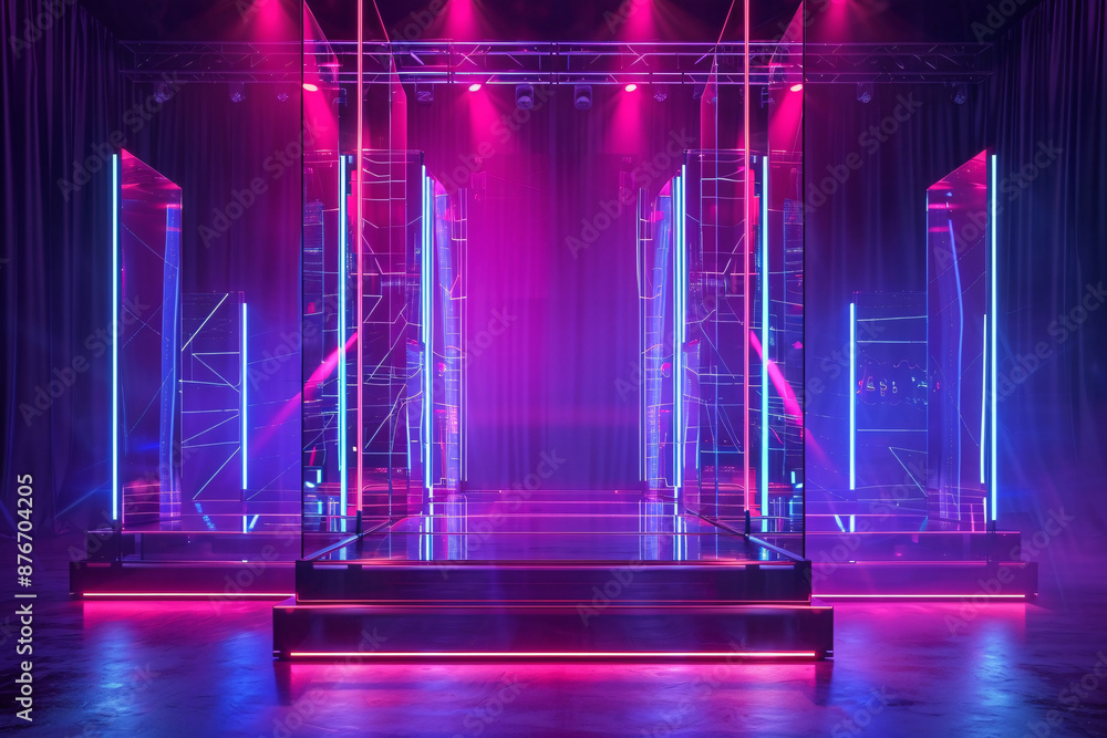 Futuristic stage design with a transparent base and glowing neon ...