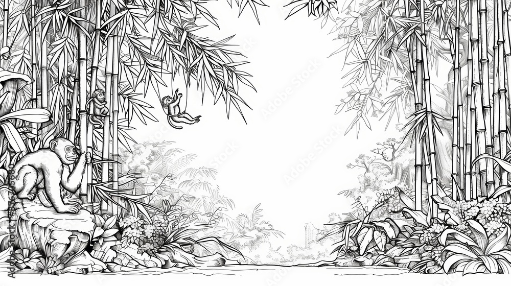 A coloring page featuring a dense thicket of bamboo in the jungle, with ...