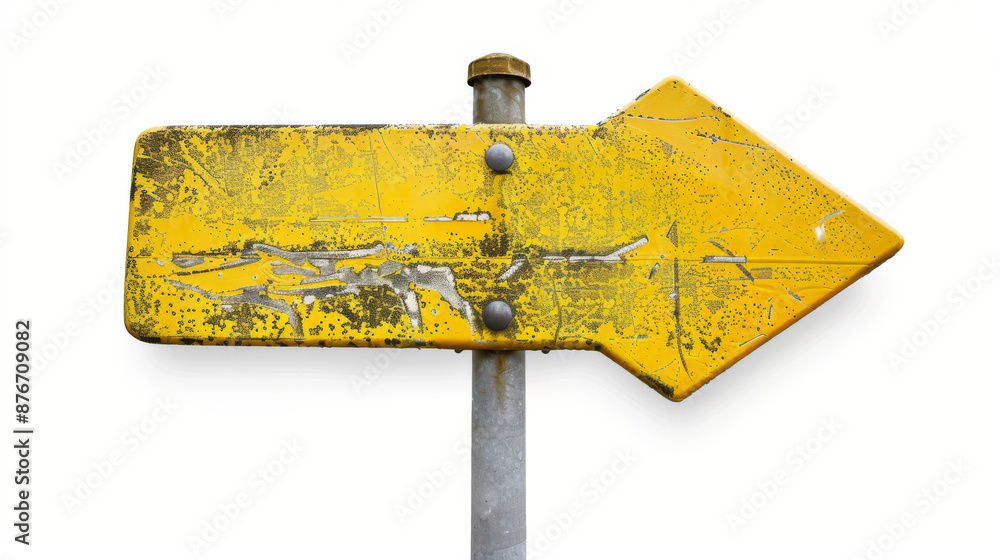 Yellow road sign with an arrow shape on a white background. The metal ...