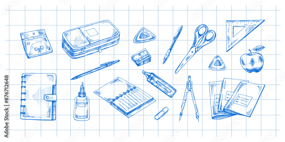 Back to School, hand drawn school supplies - big sketch set. Doodle ...