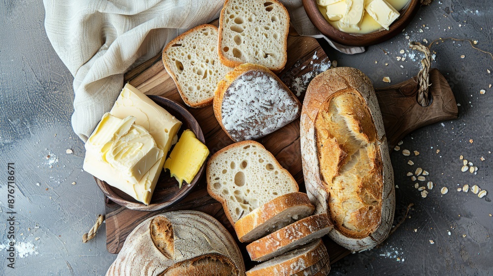 Top view of a rustic breadboard with various types of bread and butter ...