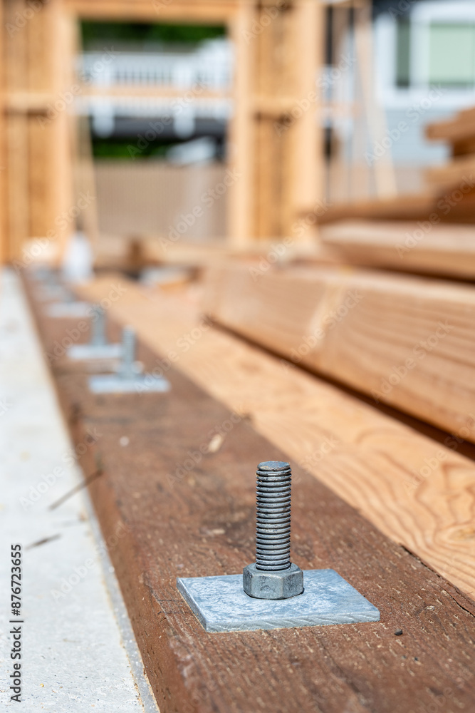 New home construction detail,cement foundation with wood sill plate and ...