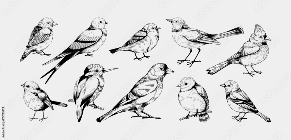 Vintage birds. Flying animals sketch. Robin cardinal and pigeon. Hand ...