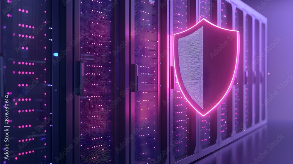 Data center with a glowing shield icon representing cybersecurity ...