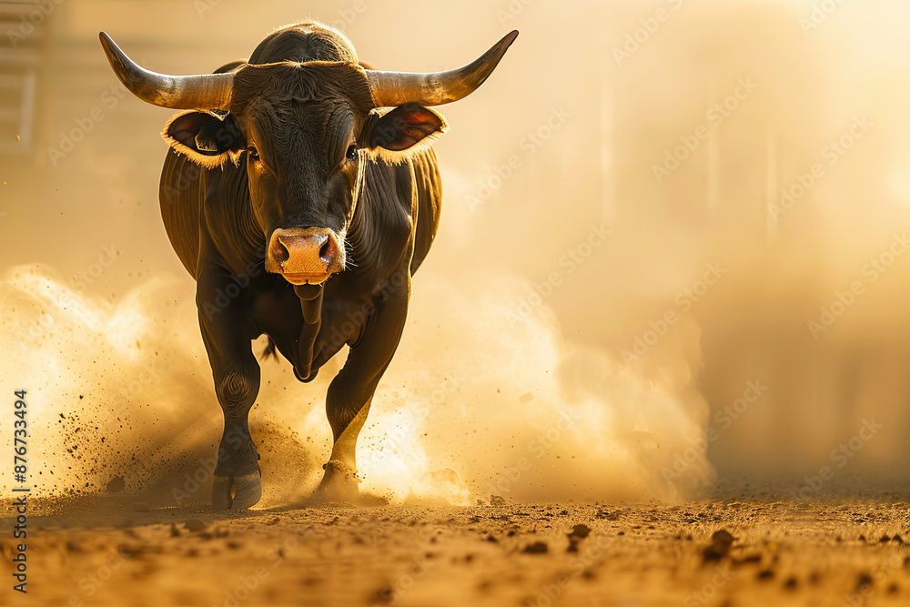 Charging bull on a dusty road, symbolizing strength, power, and ...