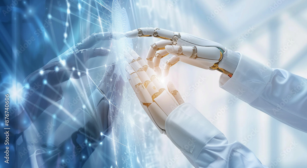 Artificial intelligence (AI) Machine Learning, robot and human hands ...