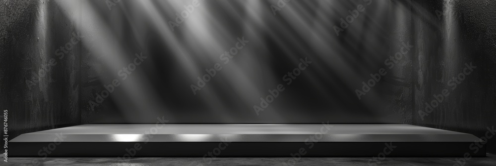 Black abstract table stage with light beams and shadows. empty stage ...
