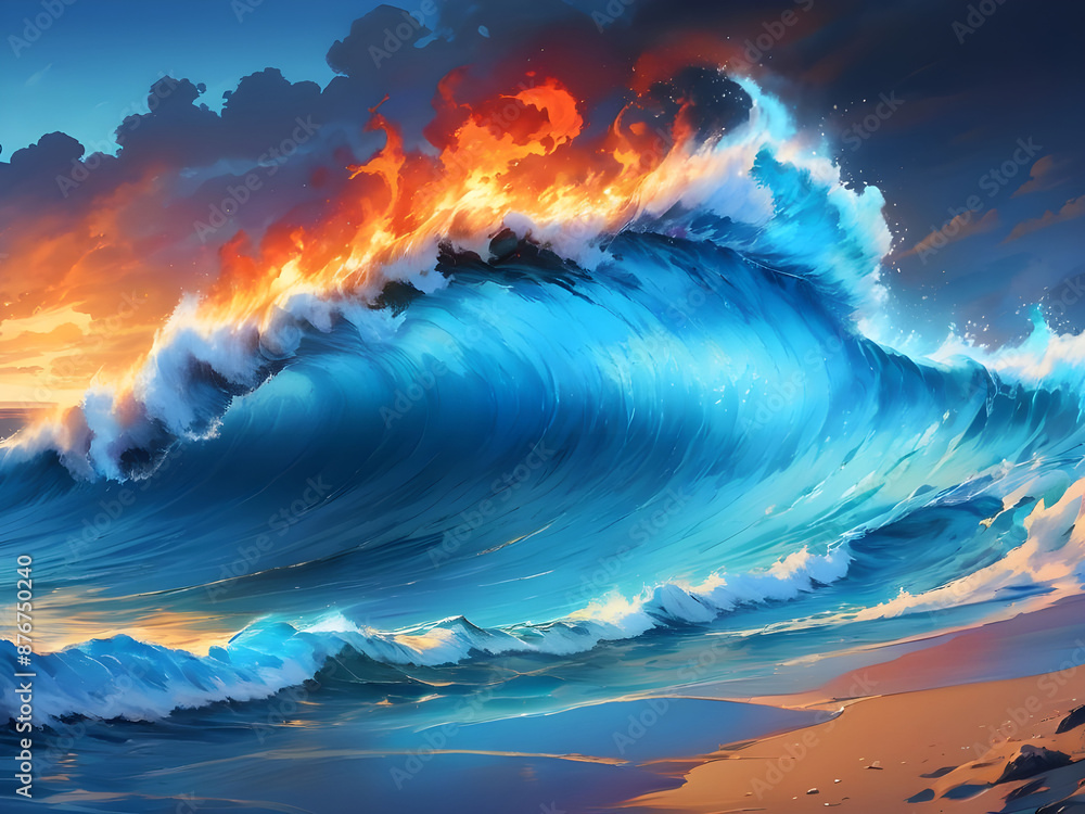 The beach, the water receding is on fire like an oil fire, one huge ...