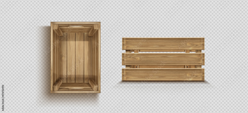 Wooden crate top and side view. Empty open wood box for fruit or ...
