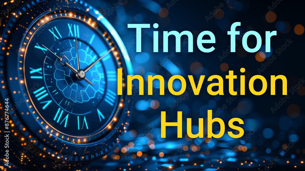 Time for Innovation hubs text next to a futuristic neon clock on a dark ...