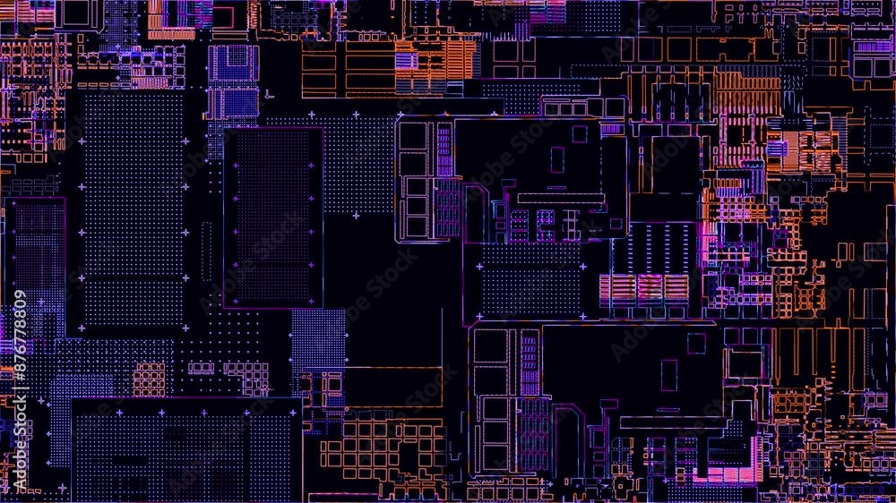 Printed circuit board. Advanced technology concept visualization: PCB processor microchip ...