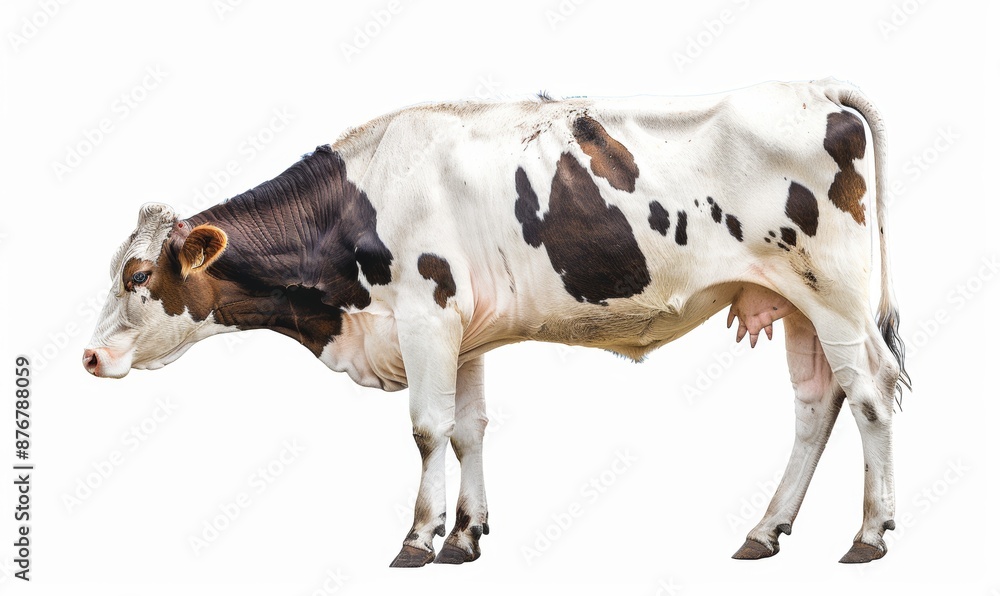 high resolution photo of a white and brown cow with black spots, seen ...