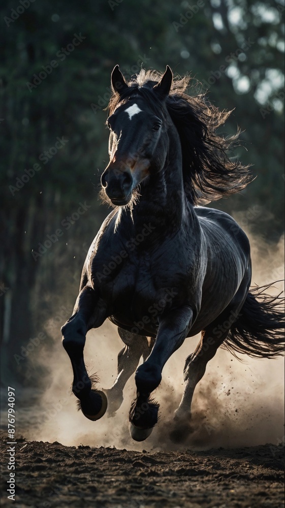 Black horse running from a side angle, muscles in its legs and the ...