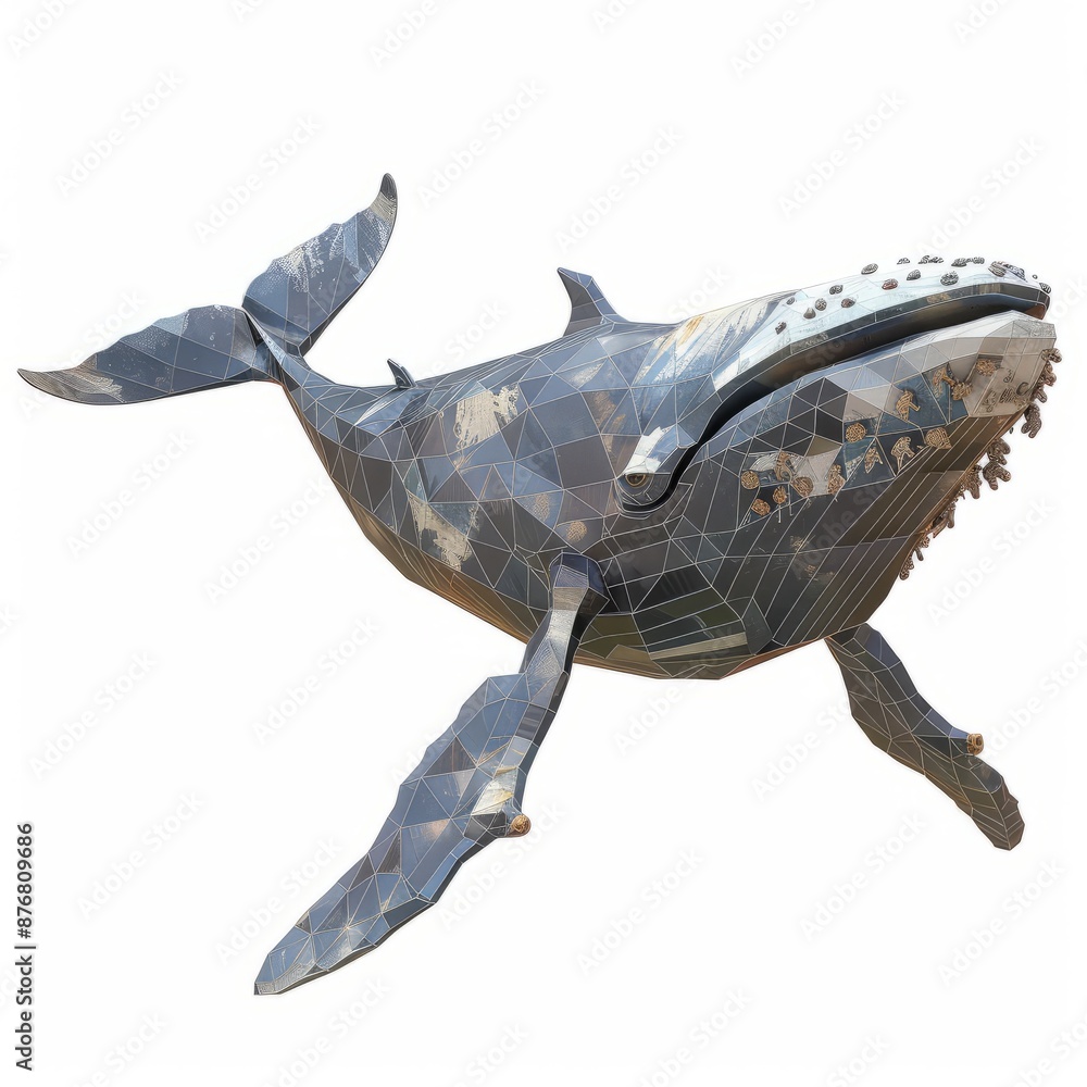 3D Render, Low Poly style of a majestic whale with barnacles and spout ...