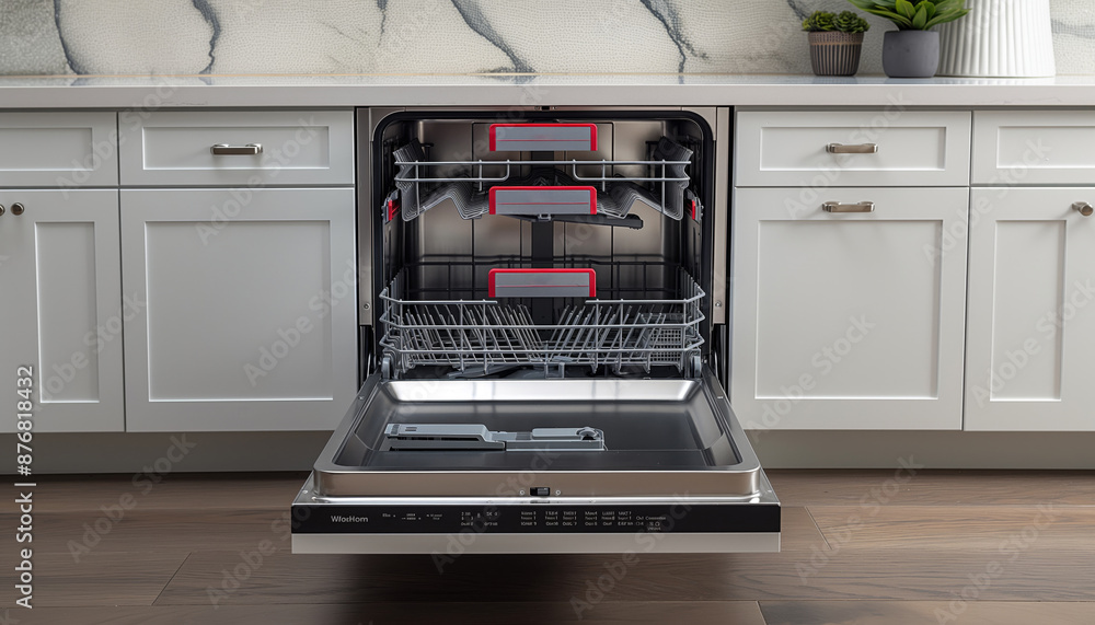 An open, ready-to-use dishwasher integrated into a modern kitchen ...