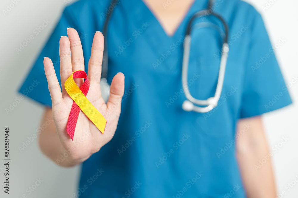 World hepatitis day awareness month, 28 July. Doctor holding Red and ...