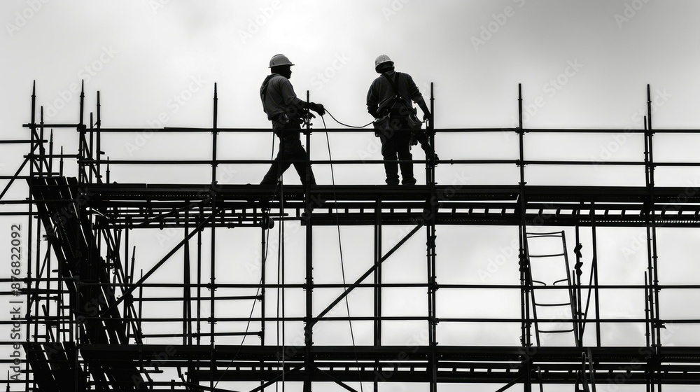 Workers building a circular scaffold structure, surrounded by trees ...