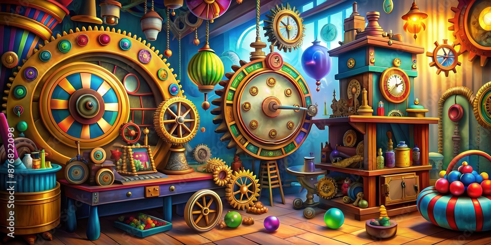 Colorful cartoon time machine scene with clock, gears, and nostalgic ...