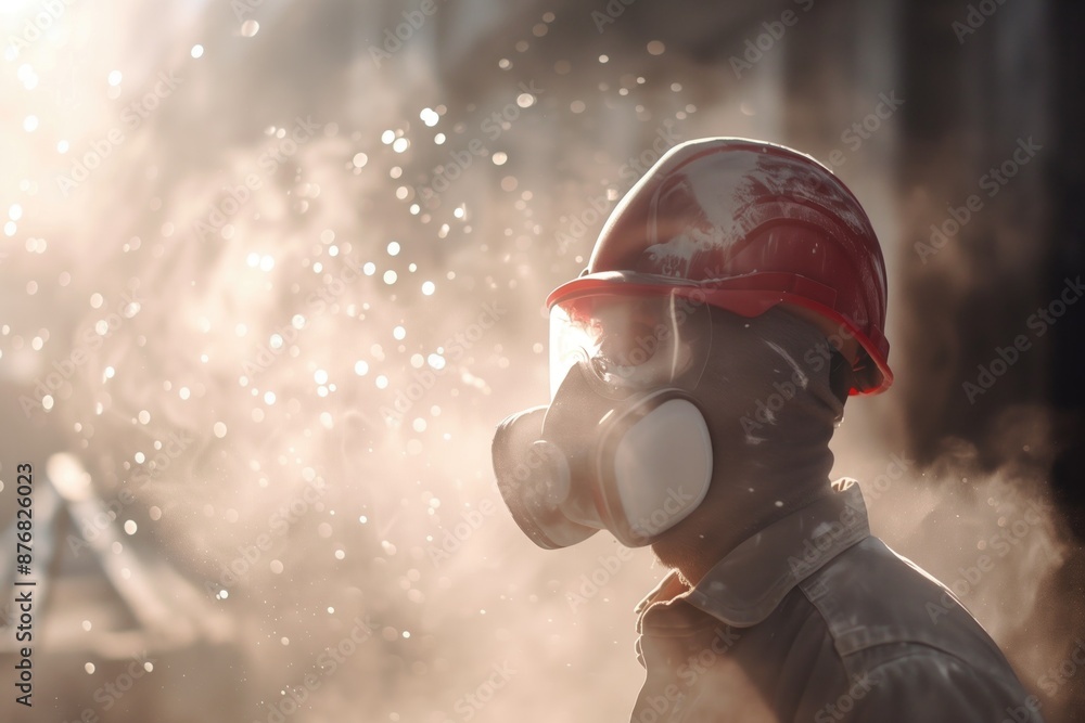 Worker wearing red safety helmet and respirator mask amidst airborne ...