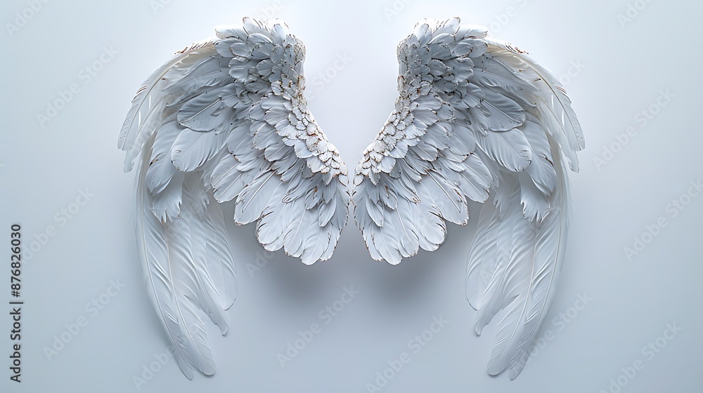 Elegant white feather angel wings laid flat on white background ...