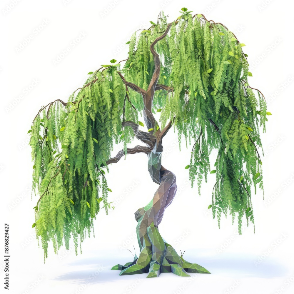 3D Render, Low Poly style of a magical weeping willow tree with ...