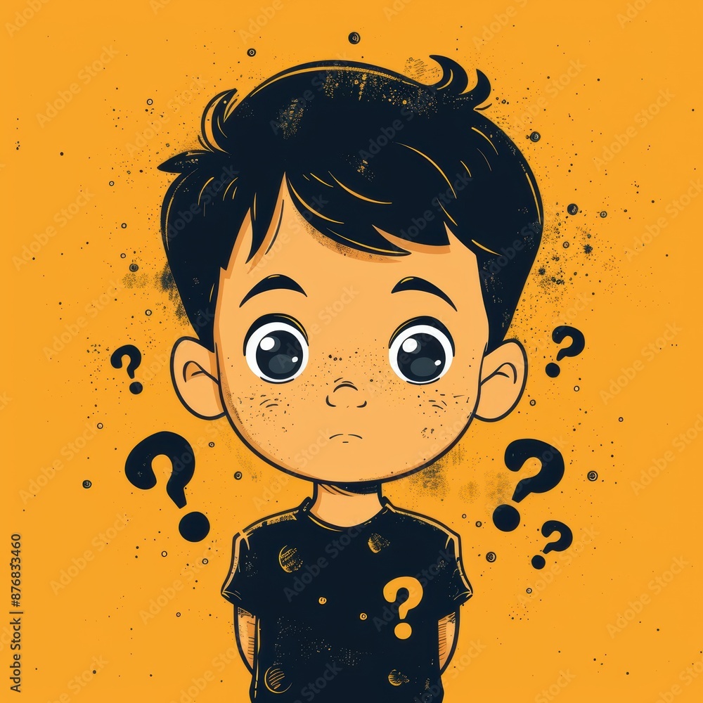 Cute cartoon boy with question marks around him on an orange background ...