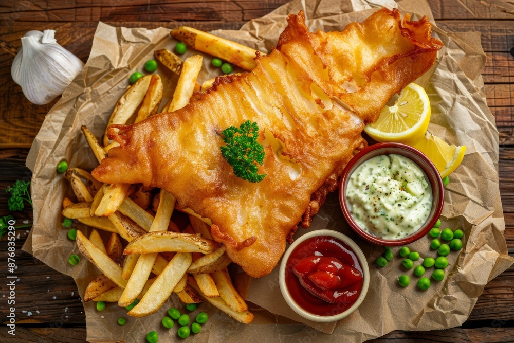 British national traditional fast food fish and chips with assorted ...